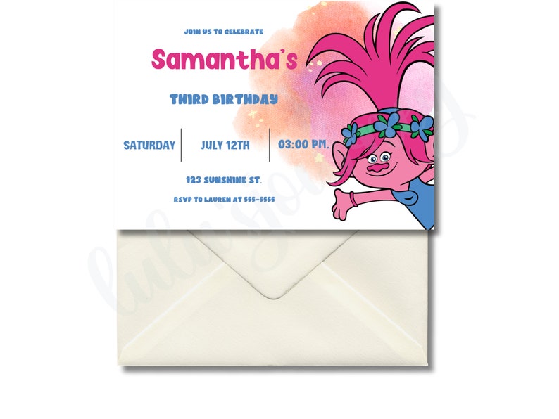 Poppy From Trolls Themed Invitation - Customizable 7x5 Inches on Canva ...