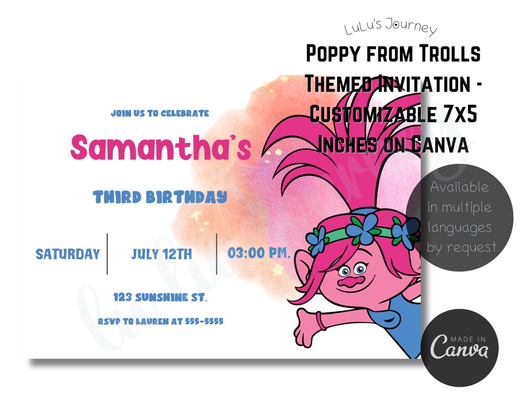 Poppy From Trolls Themed Invitation - Customizable 7x5 Inches on Canva ...