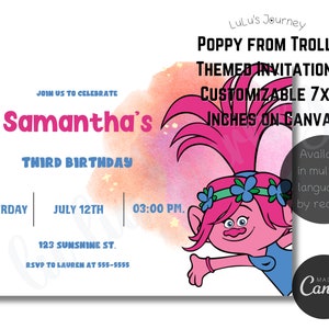 Poppy From Trolls Themed Invitation - Customizable 7x5 Inches on Canva ...
