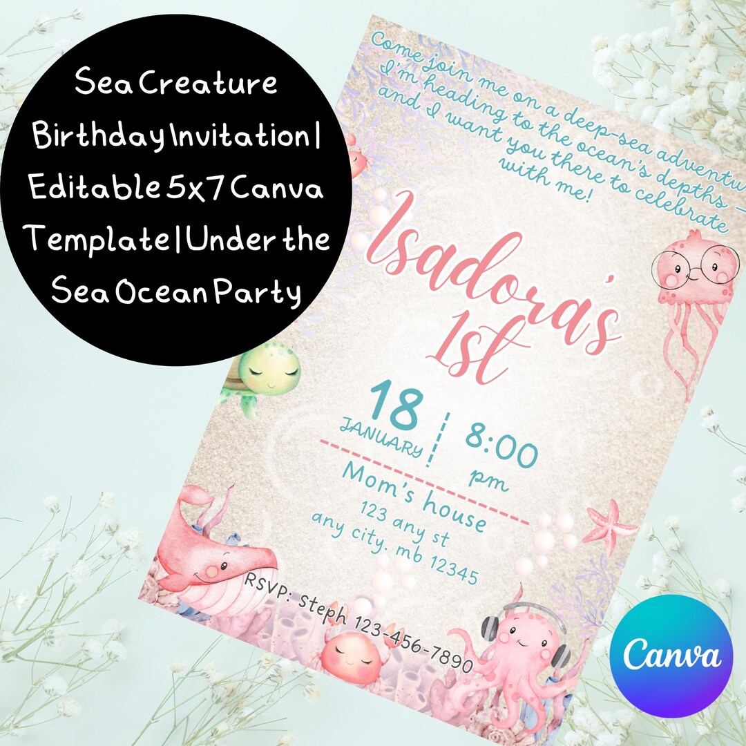 Sea Creature Birthday Invitation | Editable 5x7 Canva Template | Under ...