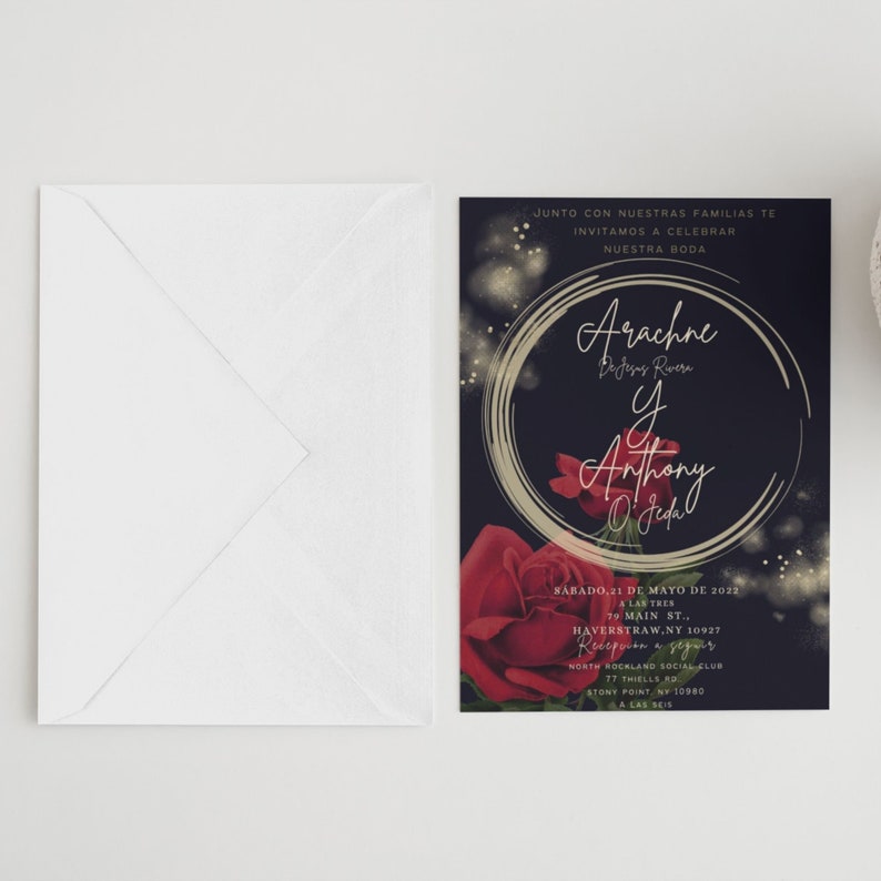 Editable Red and Gold Wedding Invitation With Roses on Black Background ...