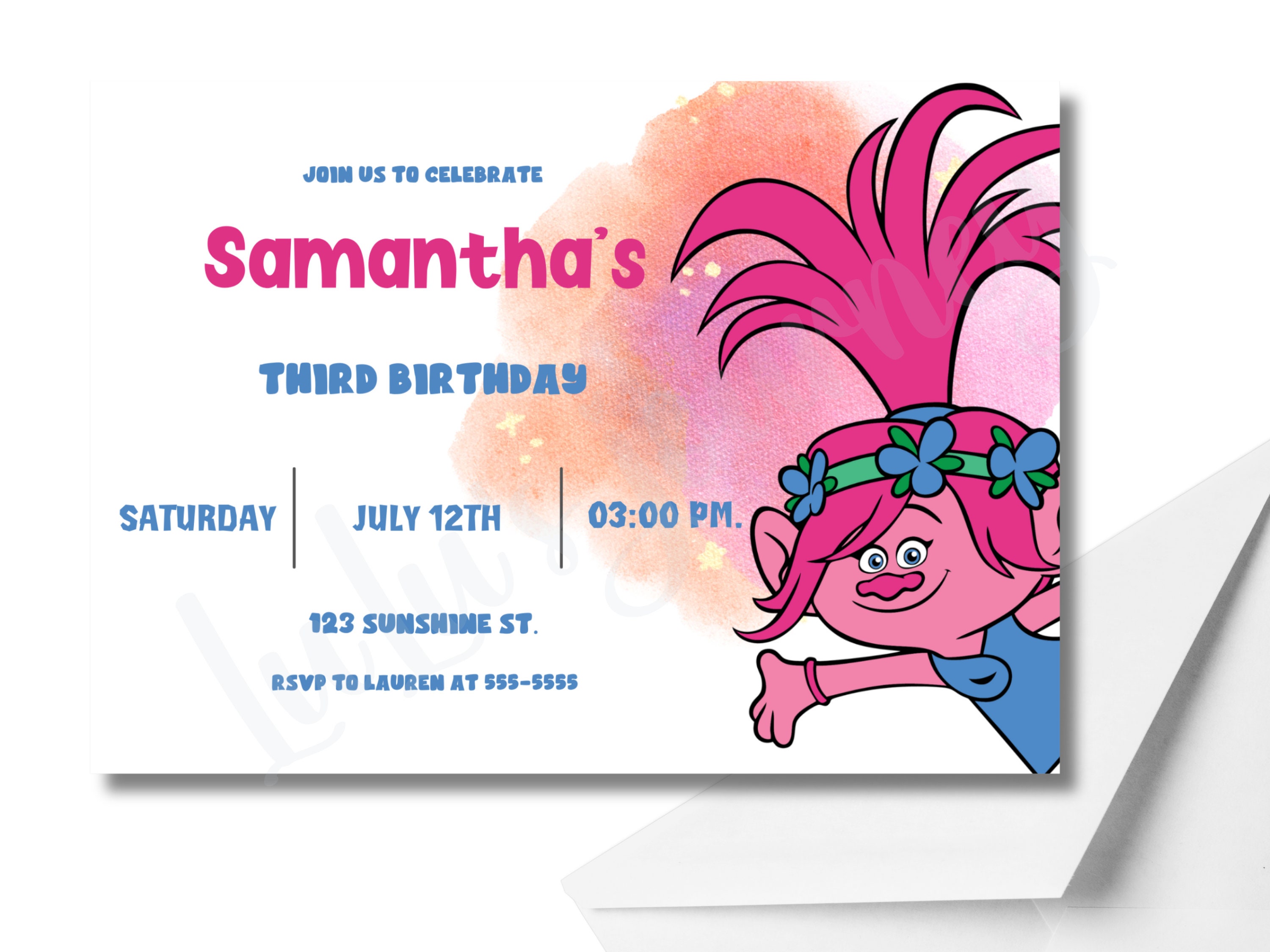 Poppy From Trolls Themed Invitation - Customizable 7x5 Inches on Canva ...