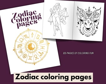Coloring Page Zodiac Girl 12 Signs A4 Printable Adult Tattoo Colouring ...