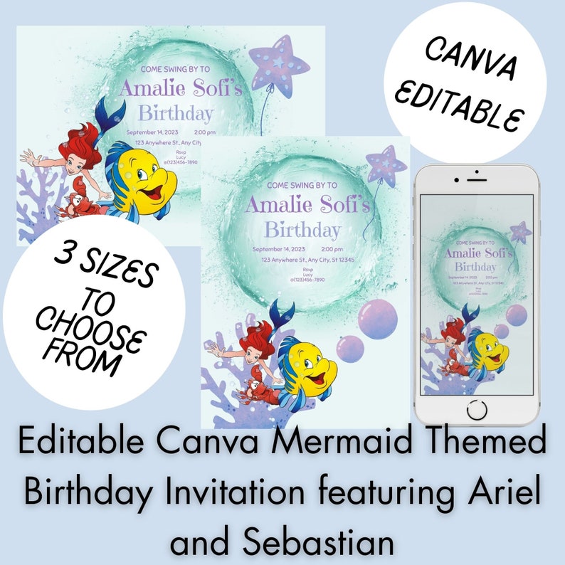 Editable Canva Mermaid Themed Birthday Invitation Featuring - Etsy