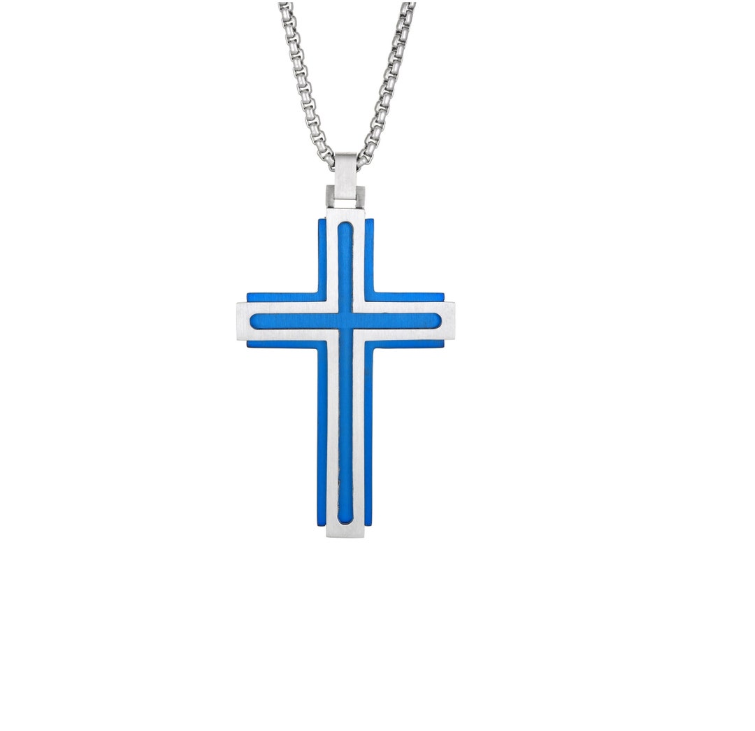 Bold Cross Pendant for Men / Blue Ion Plated Cross / Stainless Steel ...
