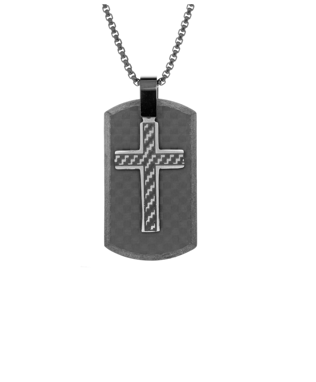 Carbon Fiber Cross Dog Tag Pendant Necklace for Men / Black Ion Plated ...