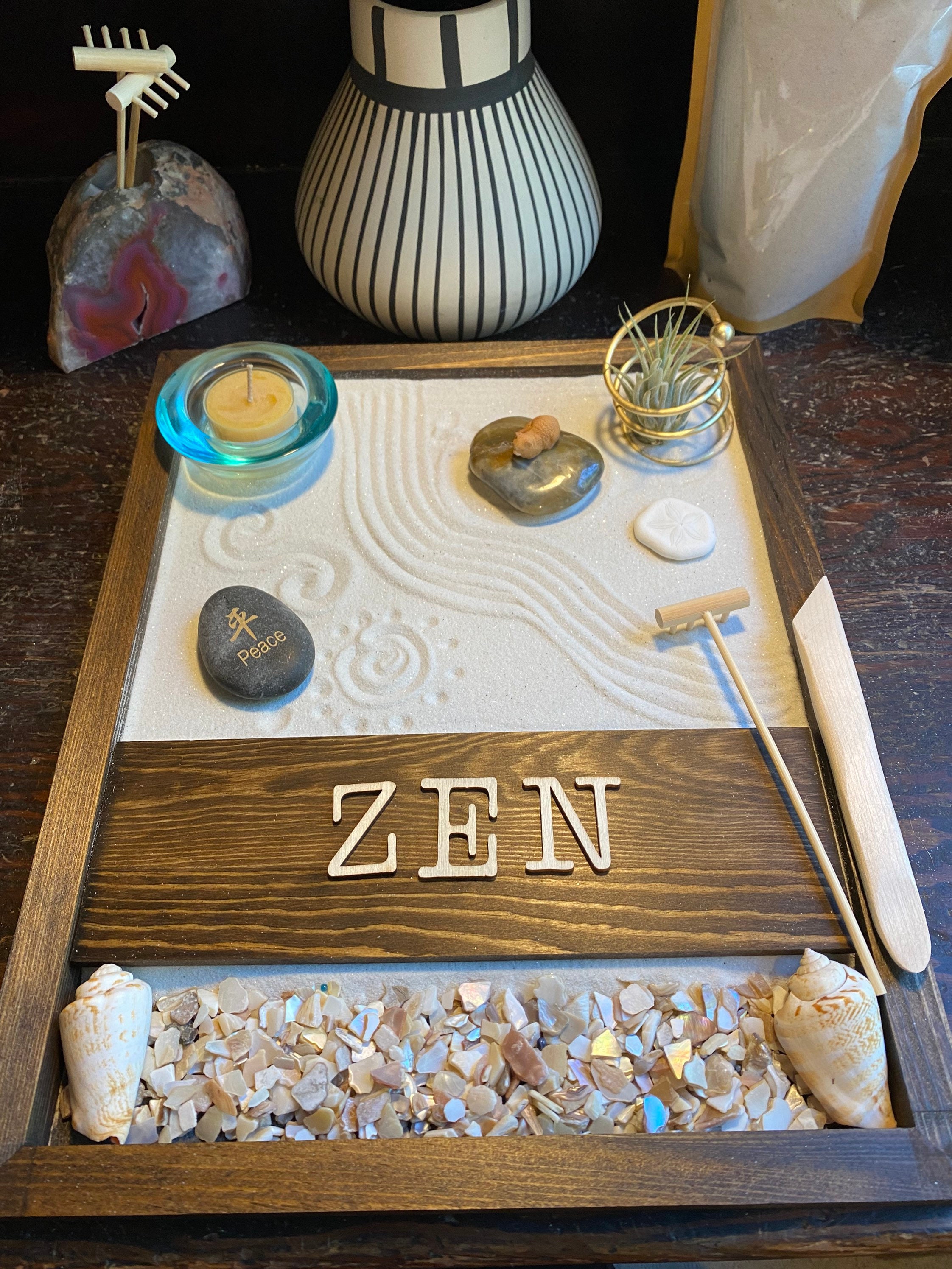 Zen Garden With Wood Stained Zen Tray White Sand Stones - Etsy