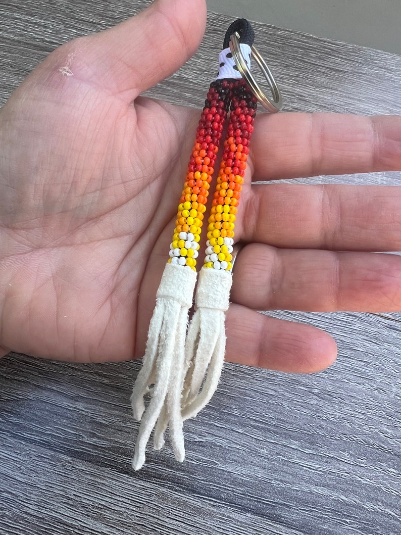 Fire Burst Native American Beaded Keychain With Leather Fringe A11 - Etsy