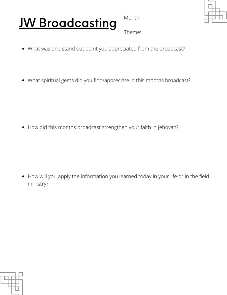JW Broadcasting Journal Worksheet Personal Study Planner Printable ...