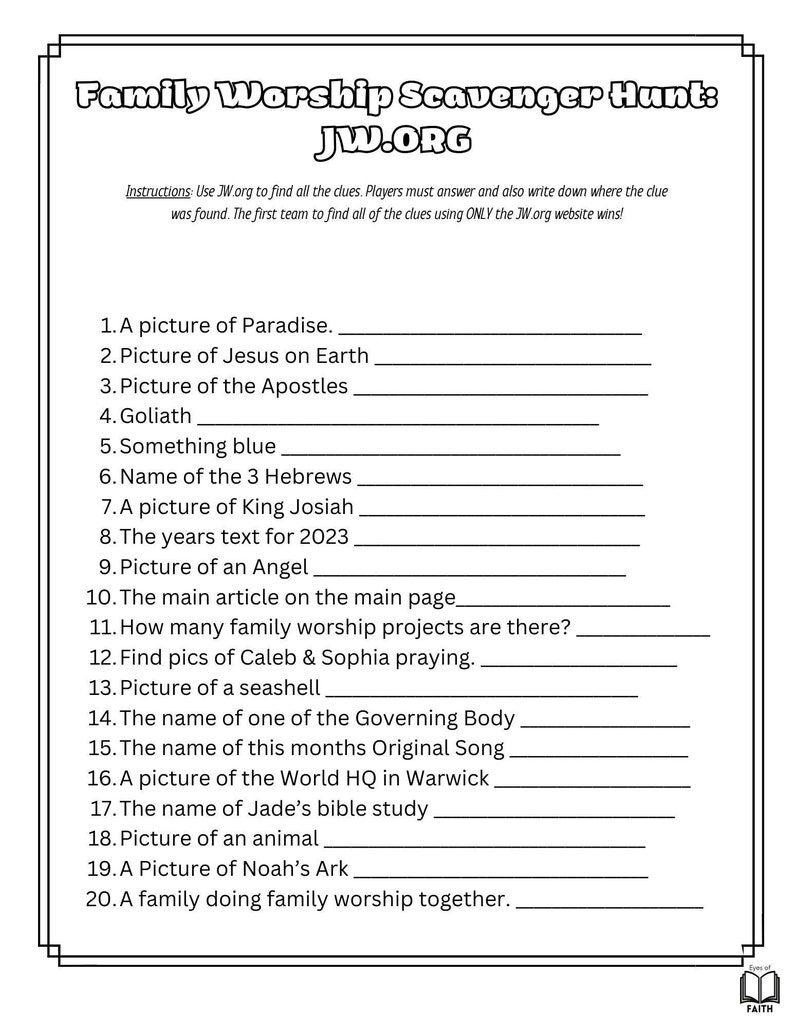 Family Worship Scavenger Hunt Worksheet JW.ORG Worksheet Printable JW ...