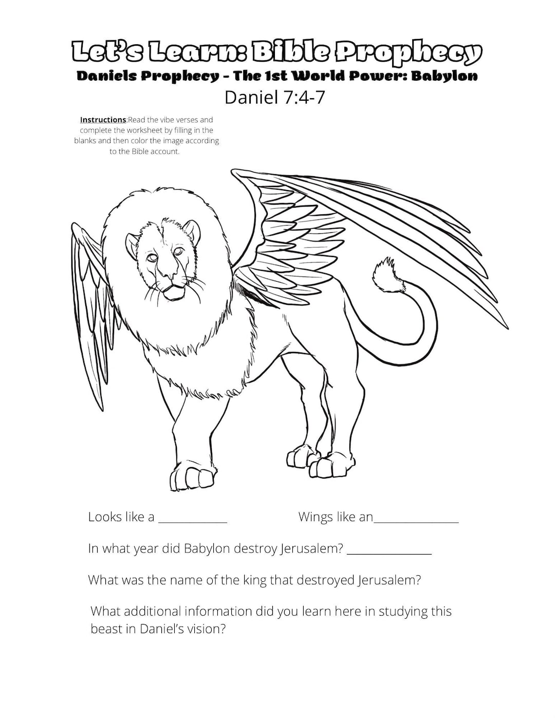 Lets Learn Bible Prophecy Daniels Prophecy Study Children's Worksheet ...