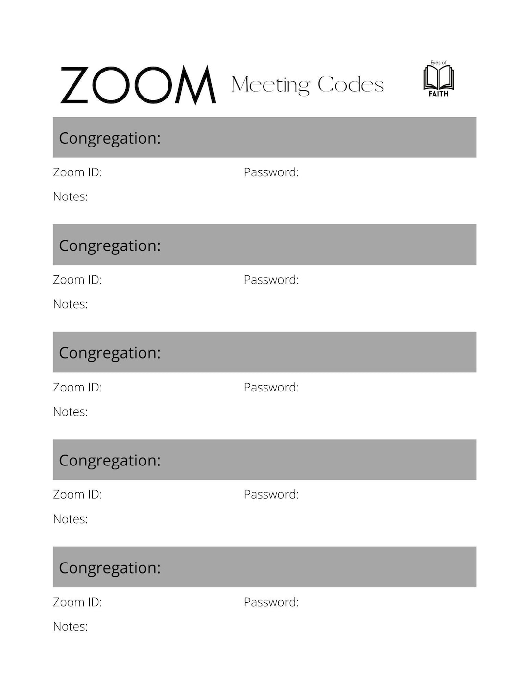 ZOOM Meeting Codes Planner Sheet Printable JW Stationary - Etsy