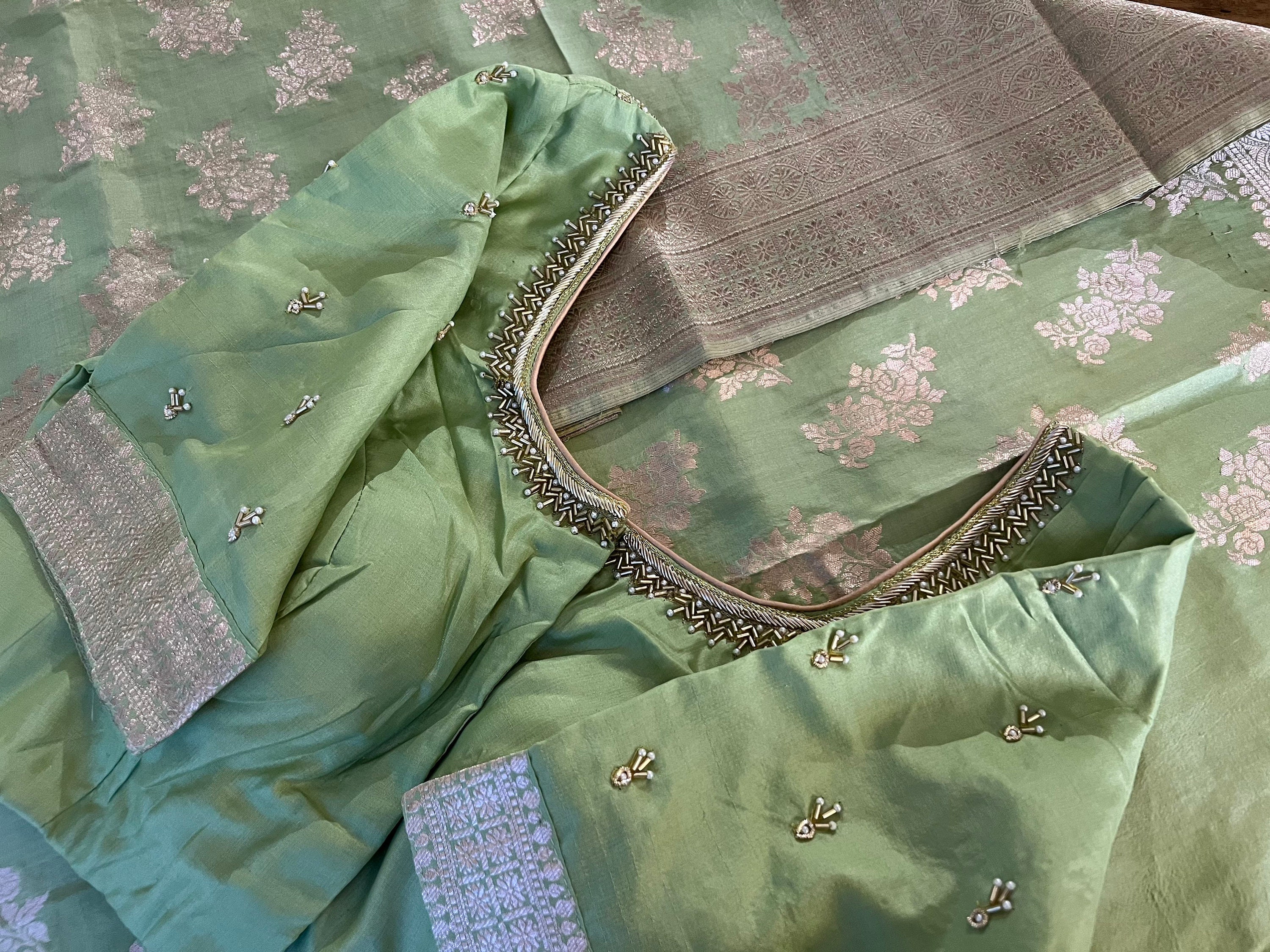 Light Green Handwoven Pure Uppada Katan Silk Saree With Stitched Hand ...