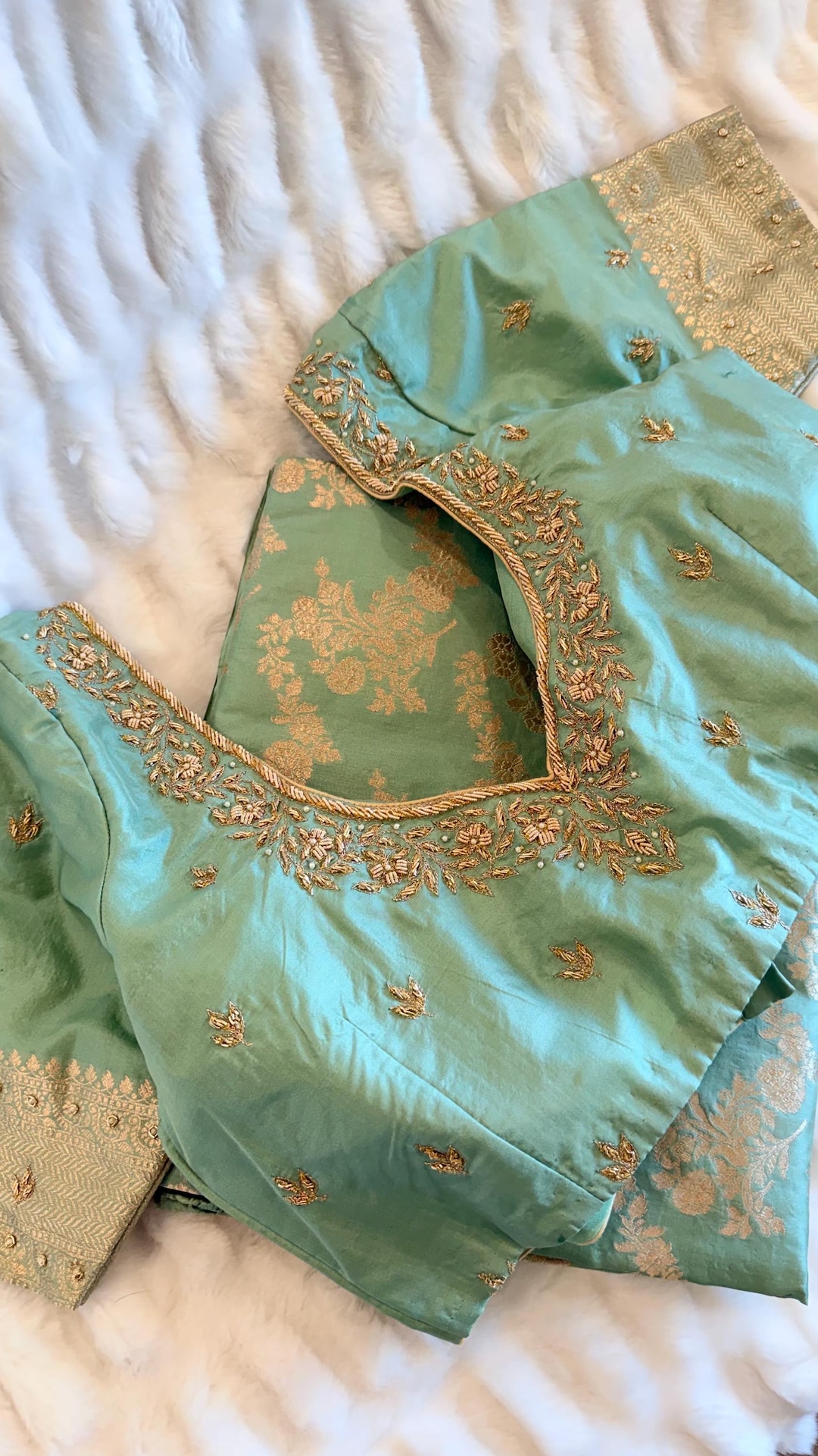 Muted Green Handwoven Pure Uppada Katan Silk Saree With Stitched Hand ...