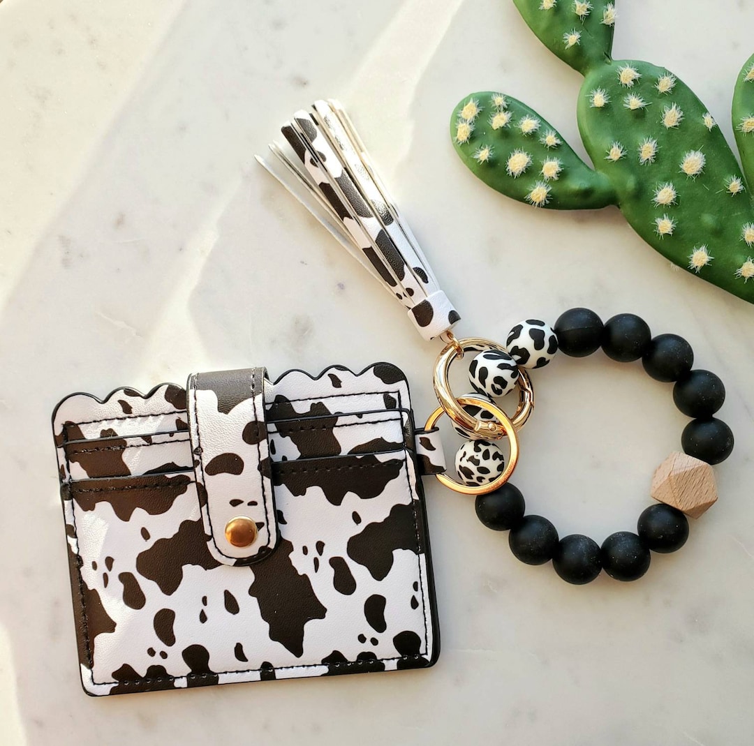 Cow Print Beaded Wristlet Keychain| Cow Print Silicone Bead Bangle ...