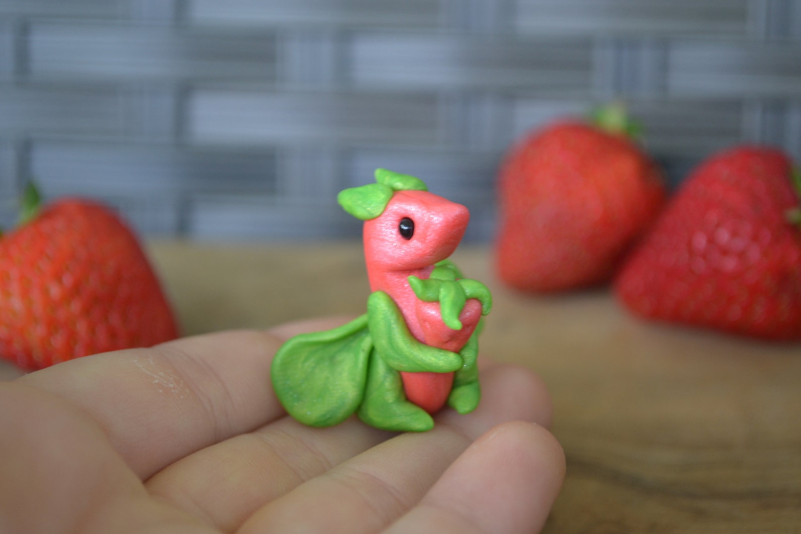 Strawberry Themed Dragon Sculpture Baby Strawberry Dragon Polymer Clay ...