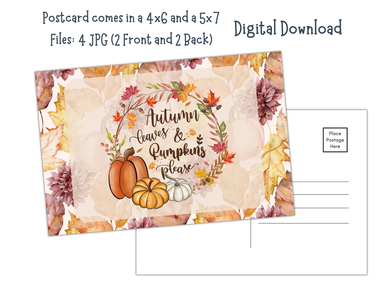 Autumn Leaves and Pumpkins Printable 4x6 and 5x7 Postcards - Etsy