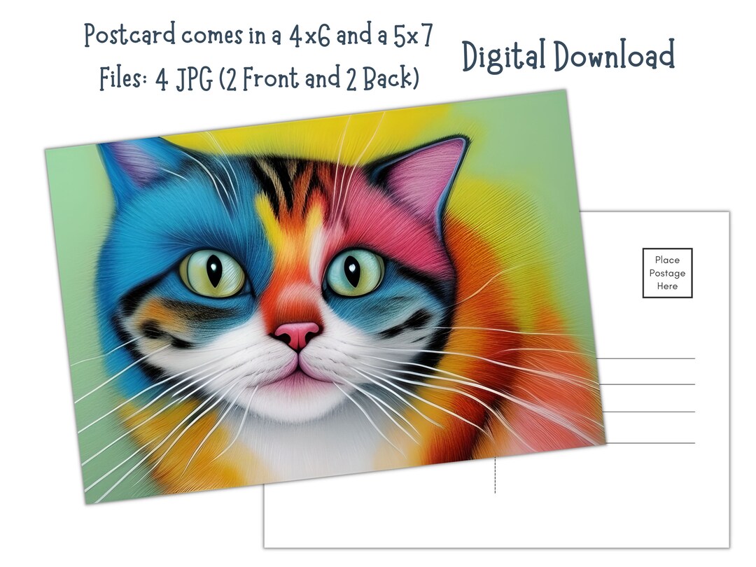 Cute Colorful Cat Printable 4x6 and 5x7 Postcards Digital Download ...