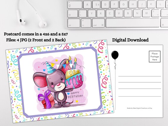 Cute Mouse Happy Birthday Printable 4x6 and 5x7 Postcards - Etsy
