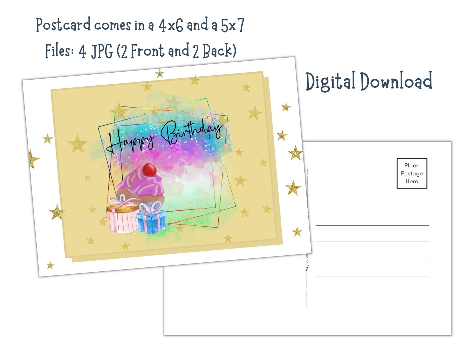 Colorful Happy Birthday Printable 4x6 and 5x7 Postcards Digital ...