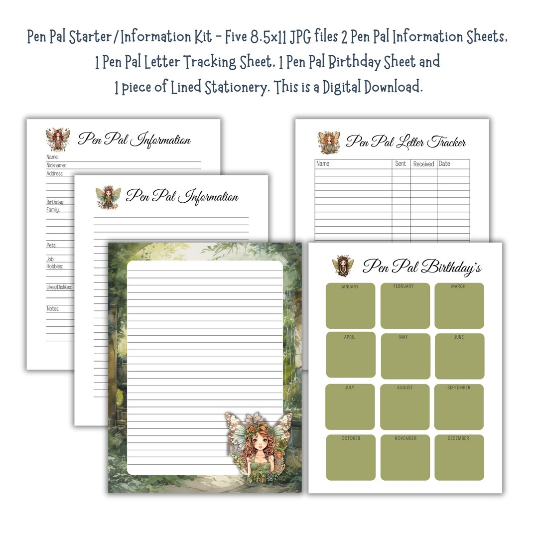 Fairy Themed Pen Pal Starter Information Kit - 8.5x11 Sheets - Pen Pal ...