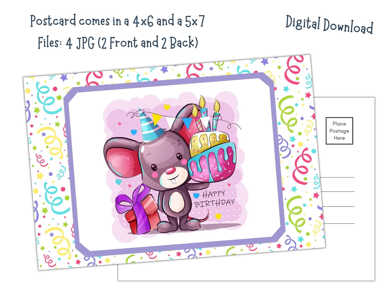 Cute Mouse Happy Birthday Printable 4x6 and 5x7 Postcards Digital ...