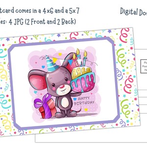 Cute Mouse Happy Birthday Printable 4x6 and 5x7 Postcards Digital ...