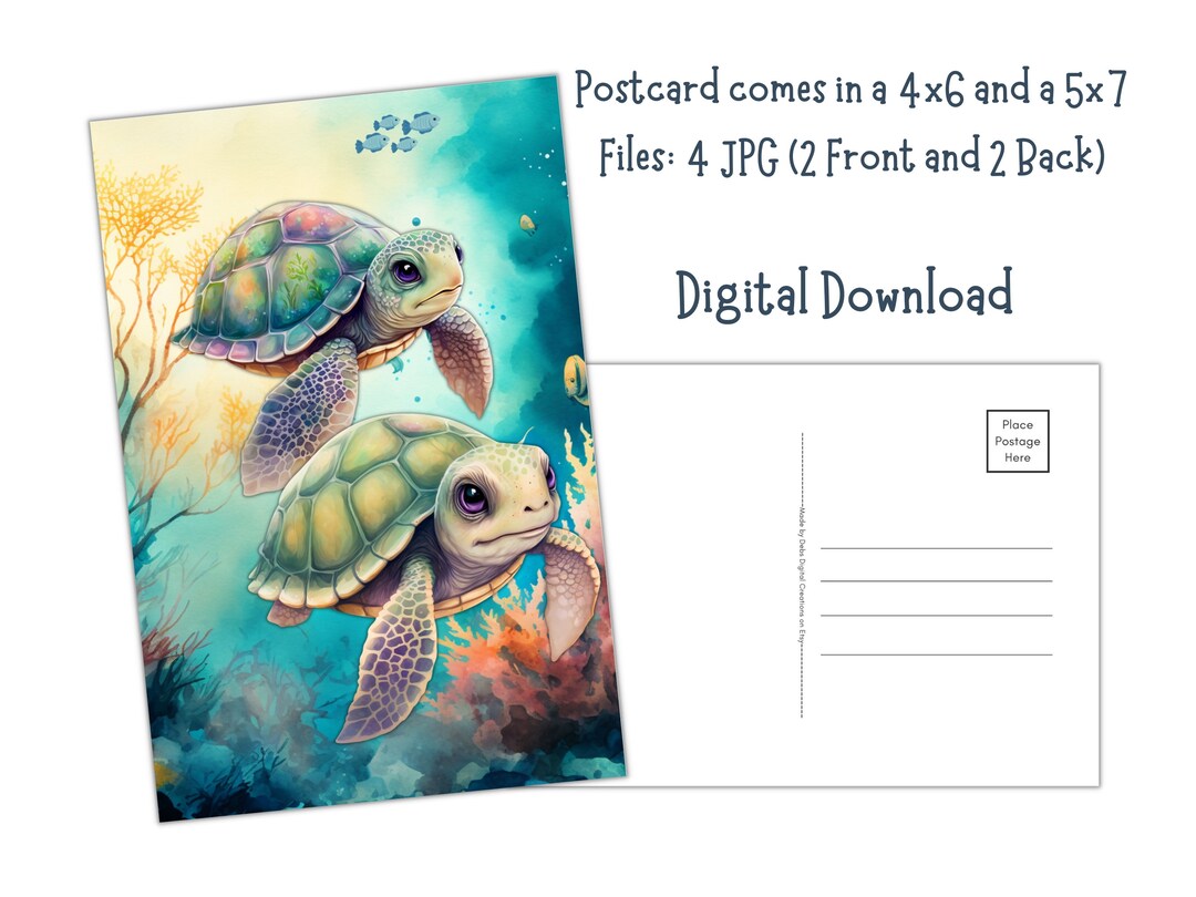 Turtles in the Sea Printable 4x6 and 5x7 Postcards Digital Download ...