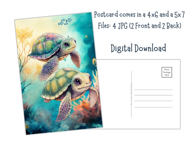 Turtles in the Sea Printable 4x6 and 5x7 Postcards Digital Download ...
