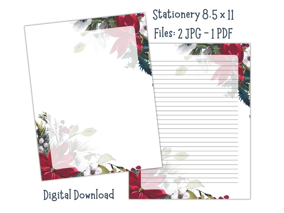 Christmas Poinsettia, Printable Stationery, Digital Download, US Letter ...