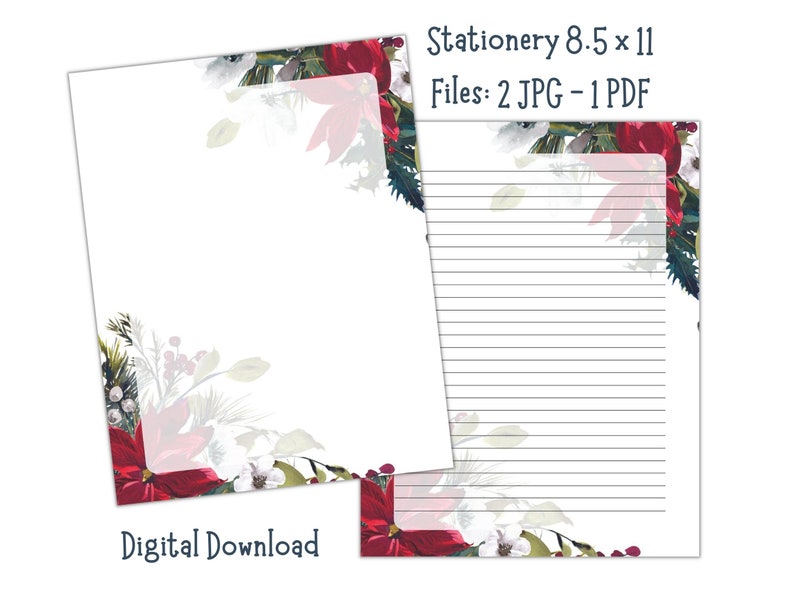 Christmas Poinsettia, Printable Stationery, Digital Download, US Letter ...