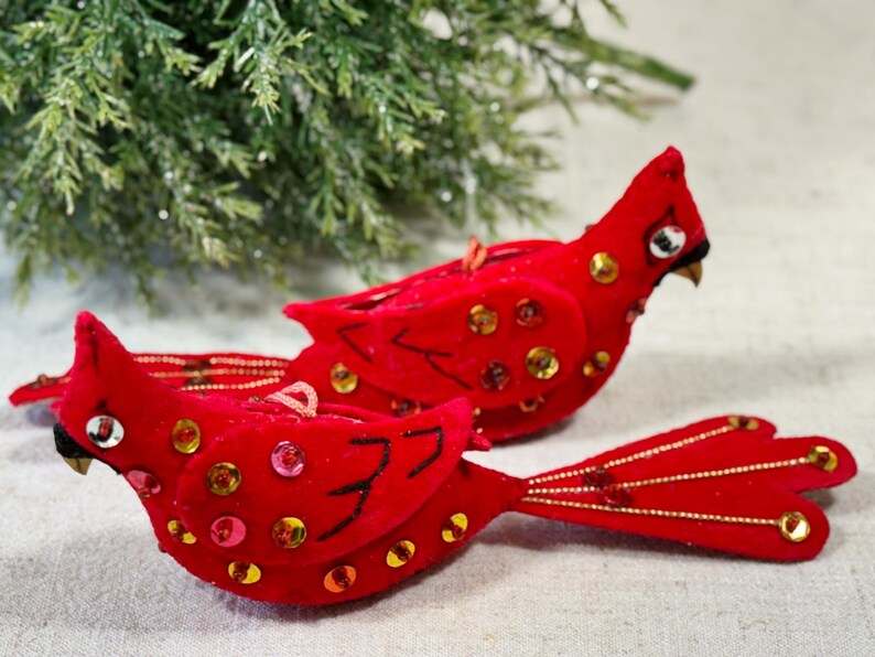 Vintage Felt Red Cardinal Birds Sequins and Beads Christmas Ornament ...