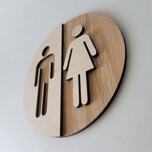 Round Wood Unisex Bathroom Sign, Office Restroom WC Signage, Raised ...