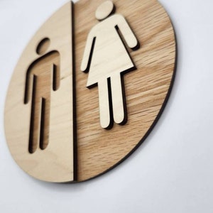 Round Wood Unisex Bathroom Sign, Office Restroom WC Signage, Raised ...