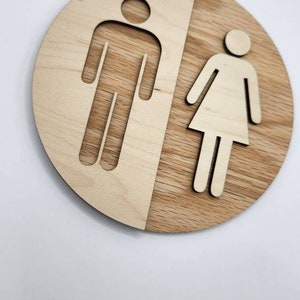 Round Wood Unisex Bathroom Sign, Office Restroom WC Signage, Raised ...