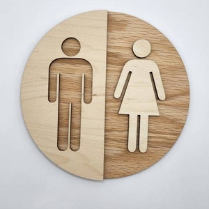 Round Wood Unisex Bathroom Sign, Office Restroom WC Signage, Raised ...