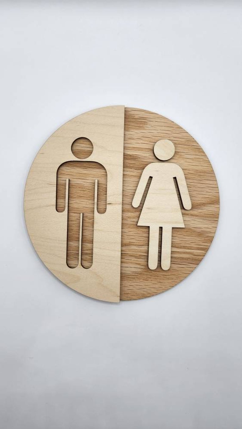 Round Wood Unisex Bathroom Sign, Office Restroom WC Signage, Raised ...