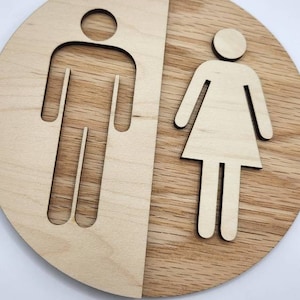 Round Wood Unisex Bathroom Sign, Office Restroom WC Signage, Raised ...