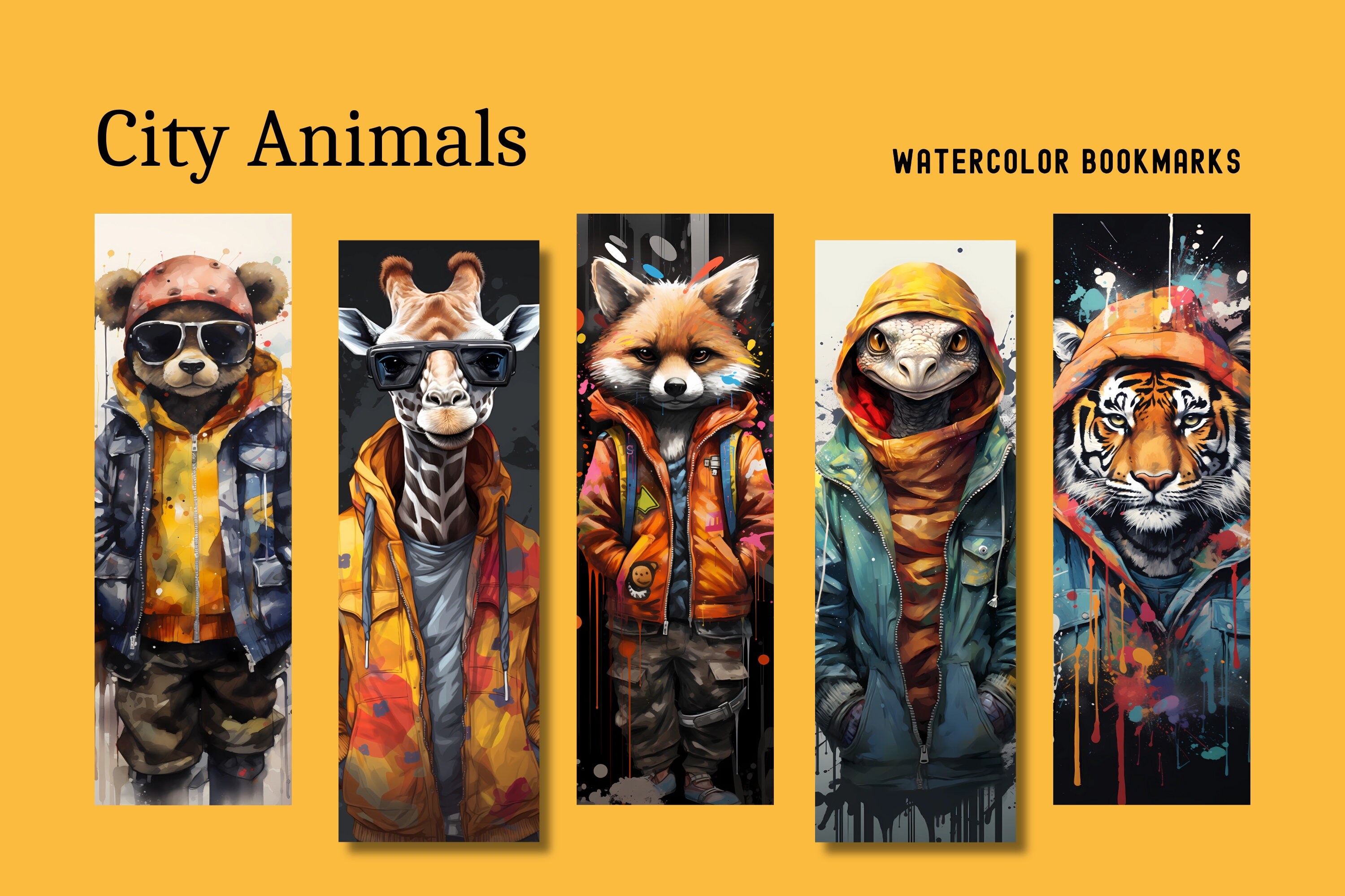 City Animals Watercolor Bookmarks, PNG, Sublimation - Etsy