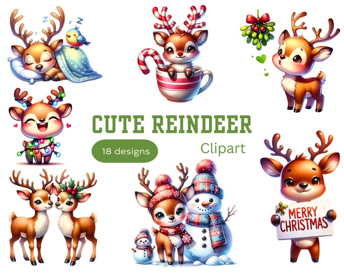 Baby REINDEER Clipart PNG 15 Cute Whimsical Christmas Holiday Clipart ...