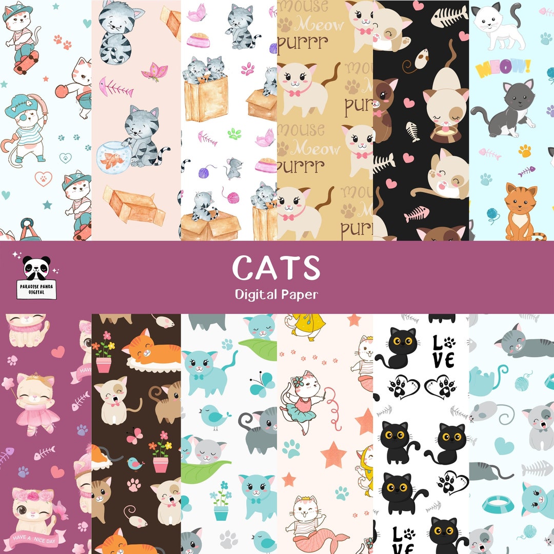 Cats Digital Paper - Cute Cats Patterned Paper, Scrapbook Paper, Cat ...