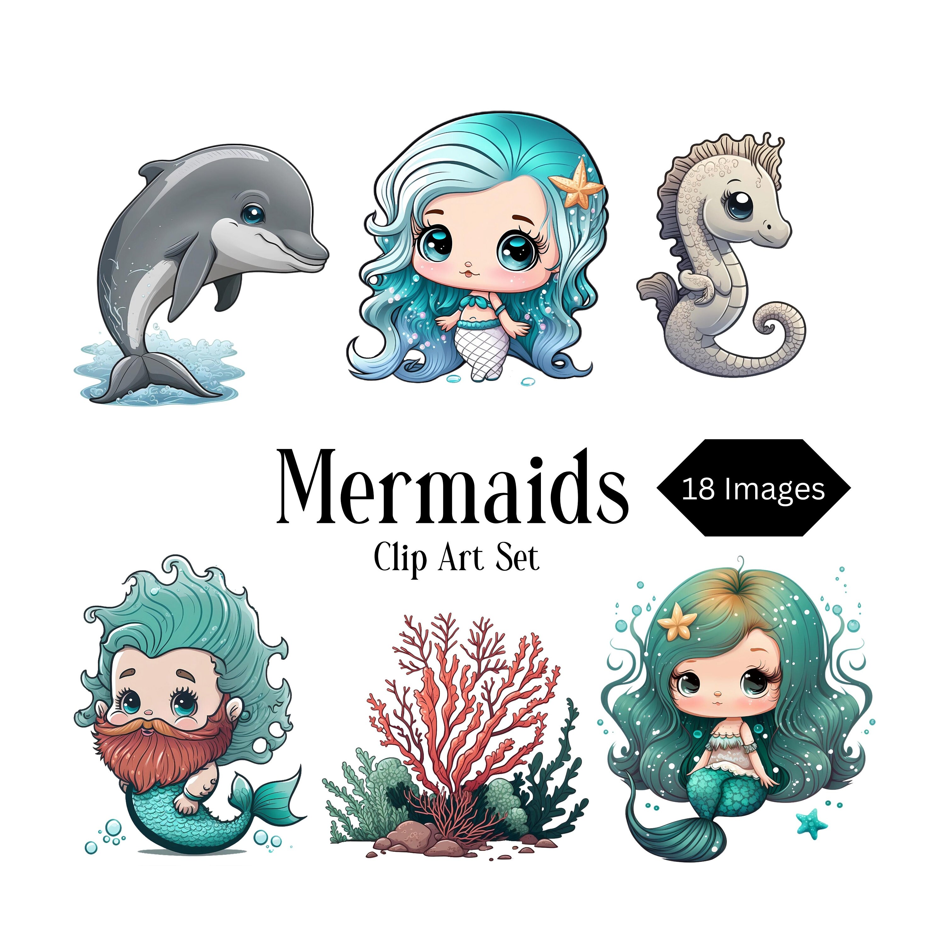 Mermaid Clip Art Chibi Style, Kawaii Clipart, Junk Journal, Digital ...
