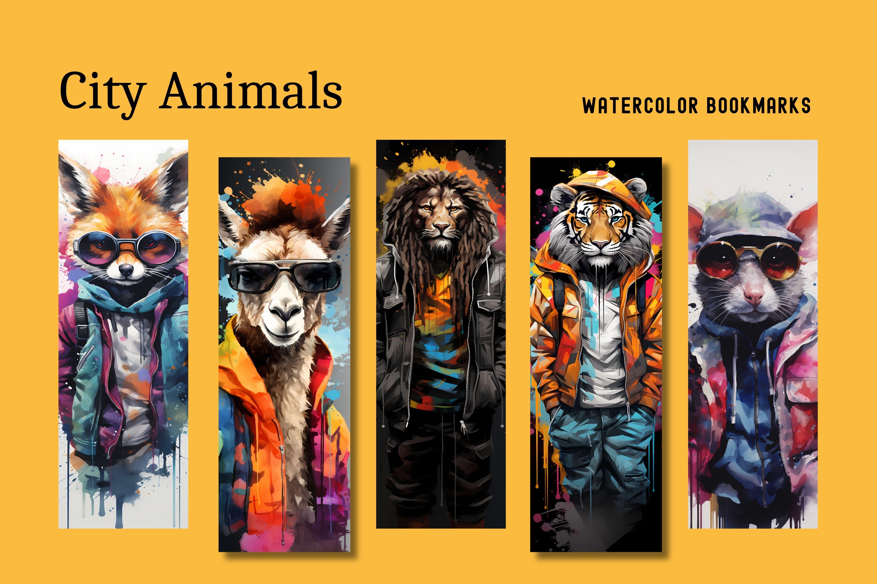 City Animals Watercolor Bookmarks, PNG, Sublimation - Etsy