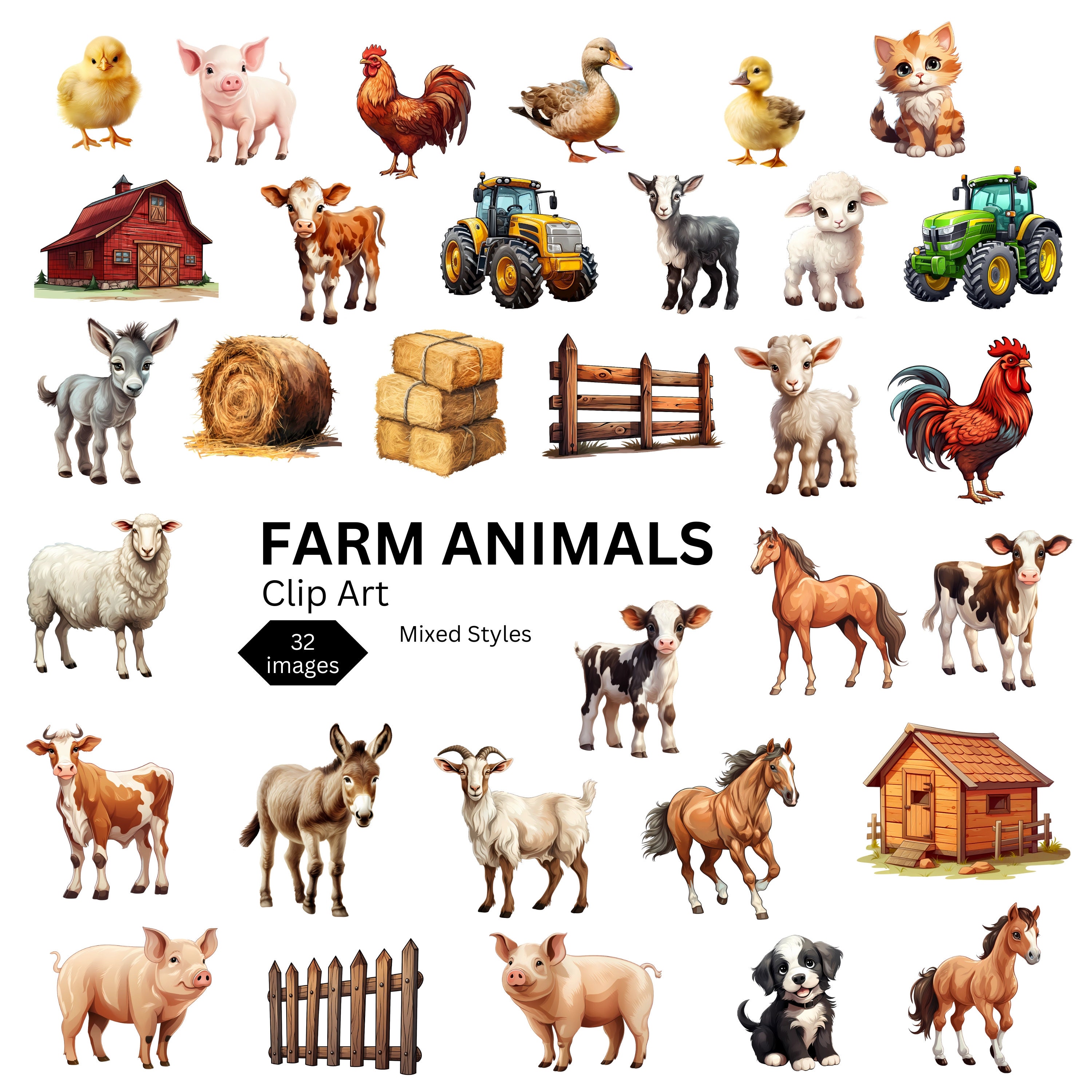 Farm Animal Clip Art - Farm Clipart, Horses, Cows, PNG - Etsy