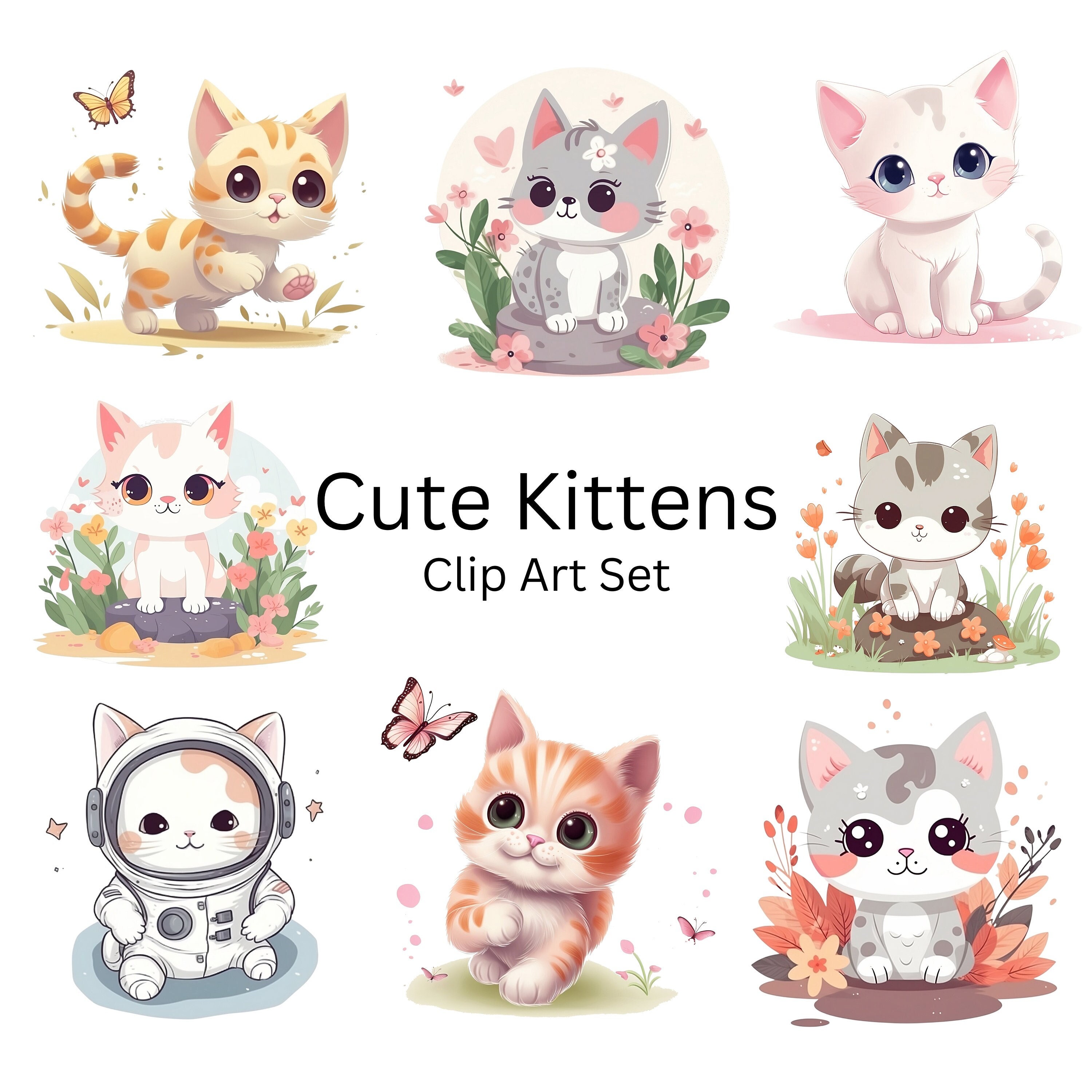 Cute Kittens Clip Art Cats Clip Art, Cartoon Style, Kawaii, Digital ...
