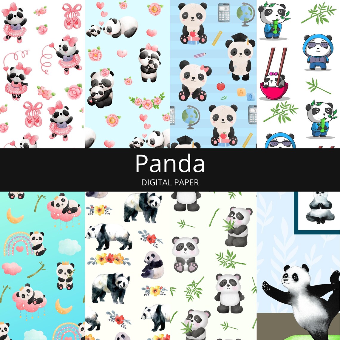 Panda Digital Paper Pandas Scrapbooking Paper Craft Paper | Etsy
