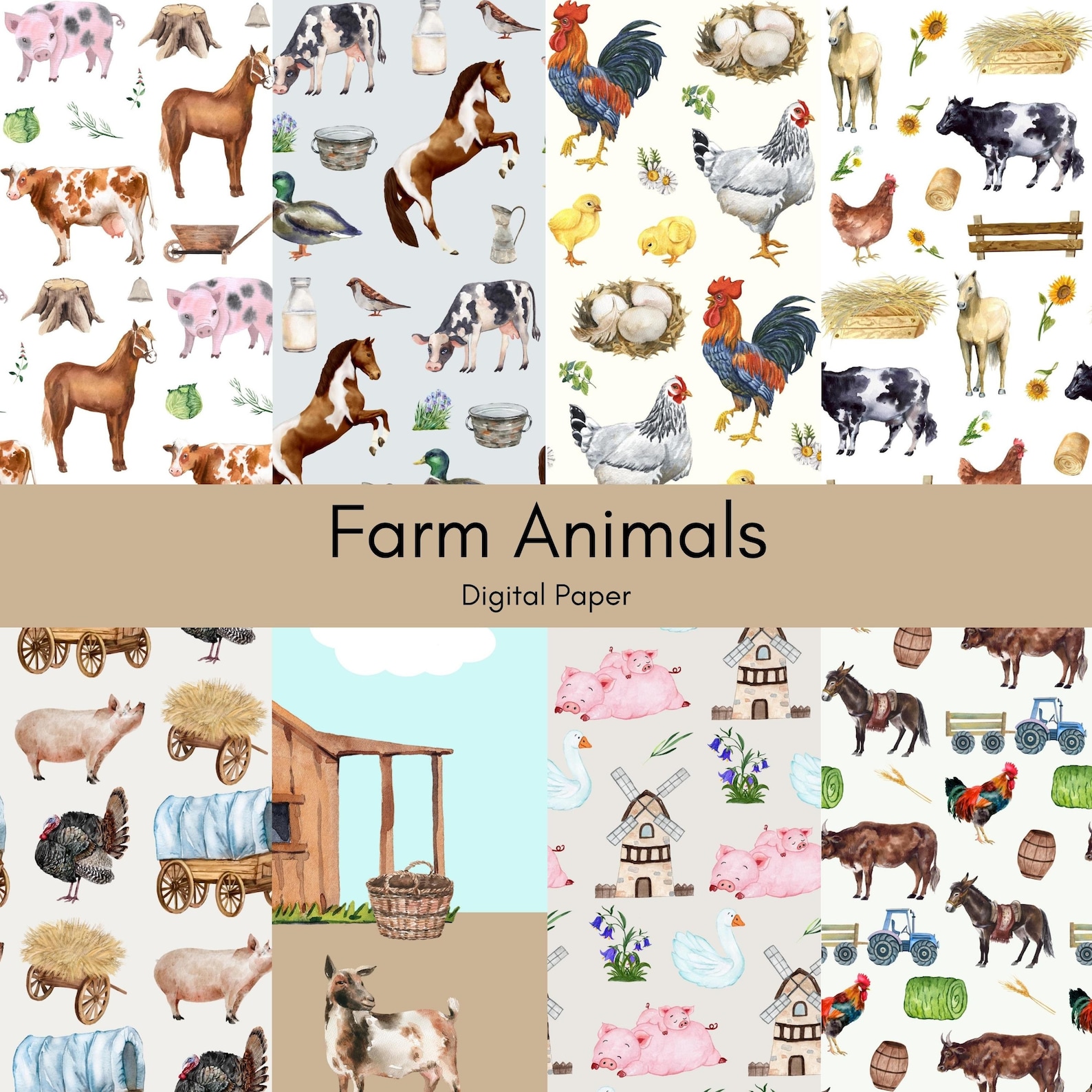 Farm Animals Digital Paper Farm Scrapbooking Paper, Decorative ...