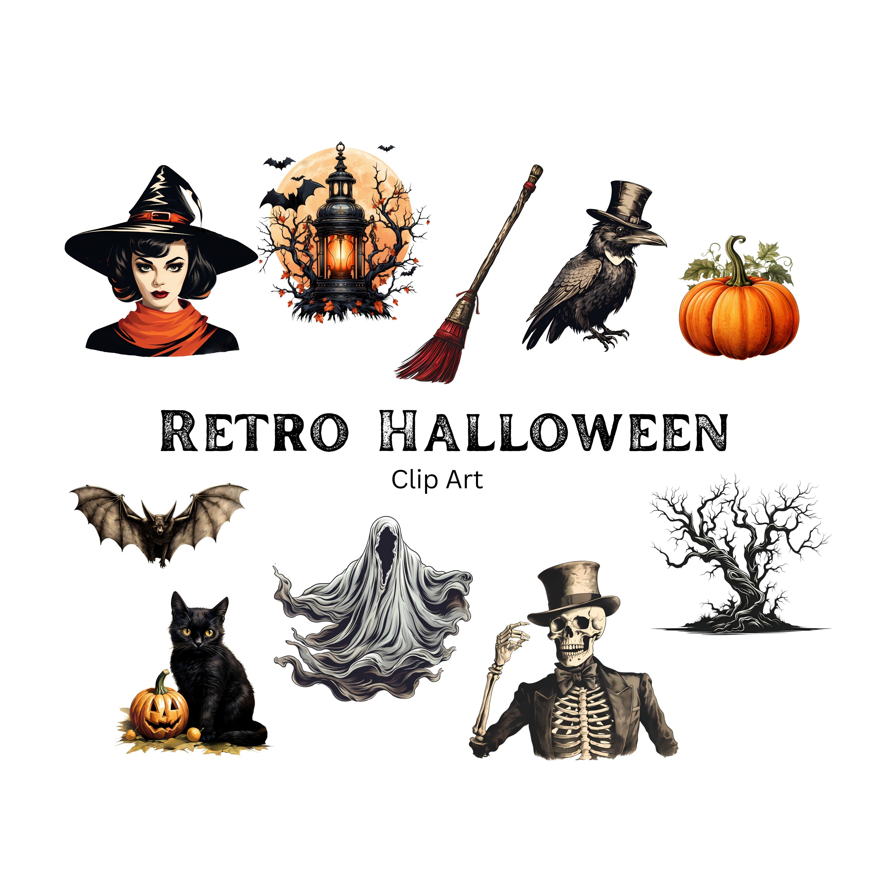 Retro Halloween Clip Art - PNG - Etsy
