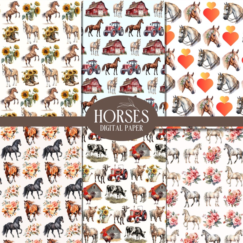 Horses Digital Paper - Horse Scrapbooking Paper, Junk Journals, Pattern ...