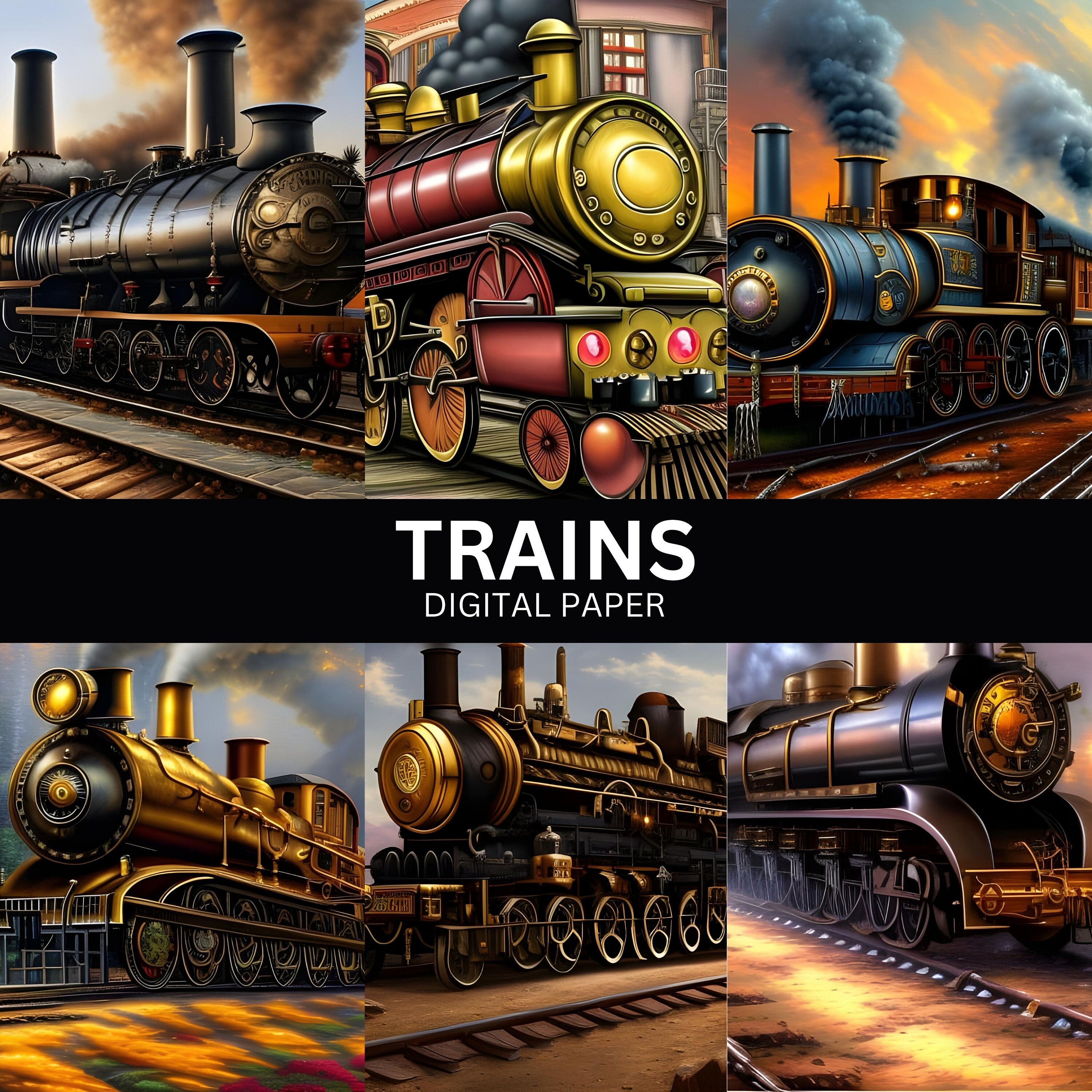 Trains Digital Paper Scrapbooking Paper, Junk Journal, Background, Wall ...